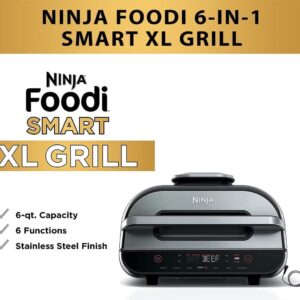 Ninja FG551 H Foodi Smart XL 6-in-1 Indoor Grill (Cinnemon/RED) with 4-Quart Air Fryer Roast Bake Dehydrate Broil and Leave-In Thermometer, with Extra Large Capacity, and a Stainless Steel Finish (Renewed)