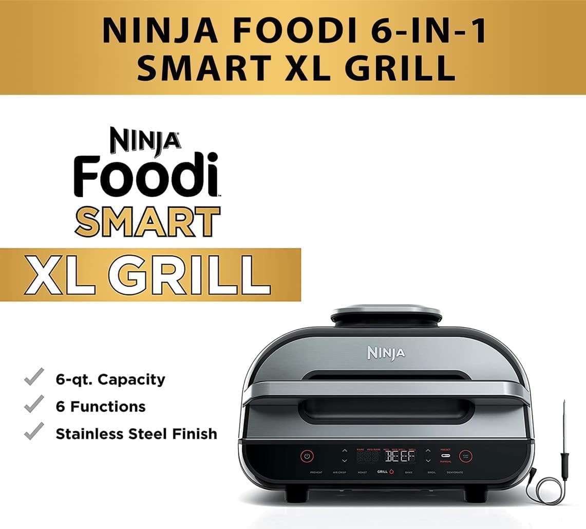 Ninja FG551 H Foodi Smart XL 6-in-1 Indoor Grill (Cinnemon/RED) with 4-Quart Air Fryer Roast Bake Dehydrate Broil and Leave-In Thermometer, with Extra Large Capacity, and a Stainless Steel Finish (Renewed)