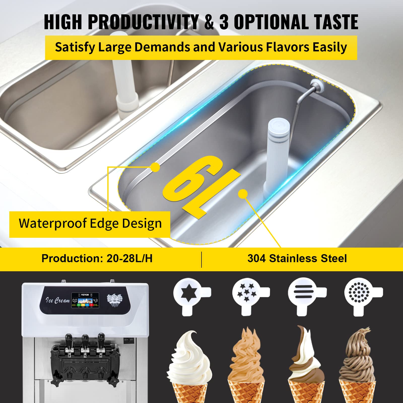 VEVOR Commercial Soft Ice Cream Machine, 3 Flavors Ice Cream Machine w/Pre-Cooling, 5.3-7.4 Gal/H Gelato Machine Commercial, 2200W Countertop Commercial Yogurt Maker Machine, w/LCD Intelligent Panel