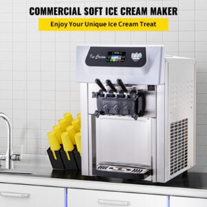 VEVOR Commercial Soft Ice Cream Machine, 3 Flavors Ice Cream Machine w/Pre-Cooling, 5.3-7.4 Gal/H Gelato Machine Commercial, 2200W Countertop Commercial Yogurt Maker Machine, w/LCD Intelligent Panel