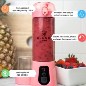 Blendi Pro Plus Premium Cordless Portable 17.5oz Rechargeable Blender - Crush Ice, Fruit & Blend Sports Powders in Seconds - Stainless Steel Blades w/High Powered 120W Motor - Gym, Tailgates (Pink)