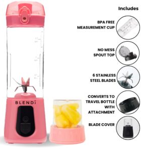 Blendi Pro Plus Premium Cordless Portable 17.5oz Rechargeable Blender - Crush Ice, Fruit & Blend Sports Powders in Seconds - Stainless Steel Blades w/High Powered 120W Motor - Gym, Tailgates (Pink)