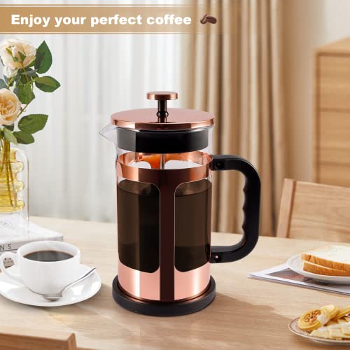 RealPero French Press Coffee Tea Maker， Upgrade Heat Cold Resistant Thickened Glass with 4 Level Stainless Steel Filtration System Brew Coffee & Tea， BPA Free, Large 1000ml 34oz,Rose Gold