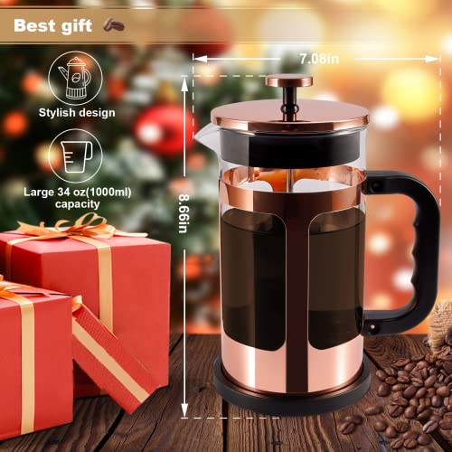 RealPero French Press Coffee Tea Maker， Upgrade Heat Cold Resistant Thickened Glass with 4 Level Stainless Steel Filtration System Brew Coffee & Tea， BPA Free, Large 1000ml 34oz,Rose Gold