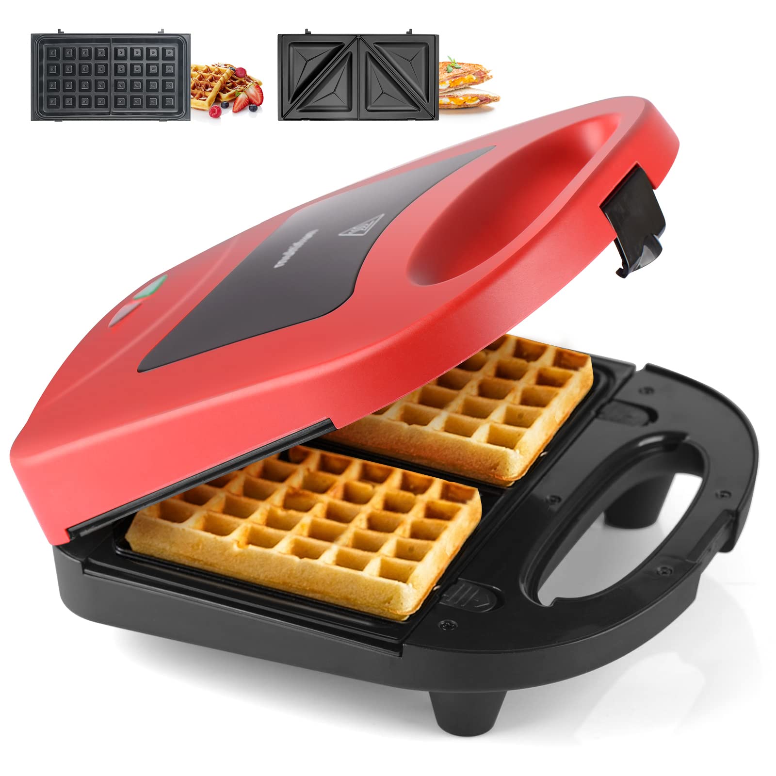 Sandwich Waffle Maker 2-IN-1, Sandwich Maker Waffle Iron with Removable Plate Nonstick for Breakfast, Omelet and Turnover Maker w/LED Indicator Lights, Cool Touch Handle, Anti-Skid Feet, Easy Clean