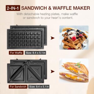 Sandwich Waffle Maker 2-IN-1, Sandwich Maker Waffle Iron with Removable Plate Nonstick for Breakfast, Omelet and Turnover Maker w/LED Indicator Lights, Cool Touch Handle, Anti-Skid Feet, Easy Clean