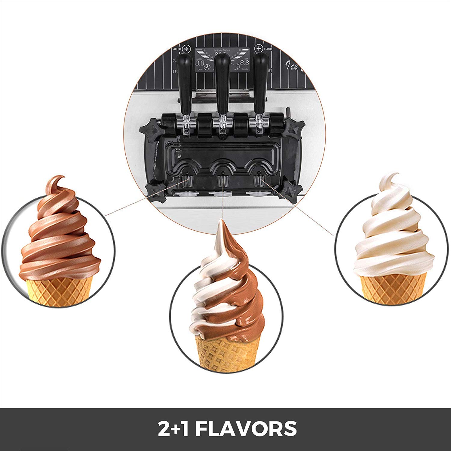 VEVOR Commercial Ice Cream Maker Machine, 2+1 Flavor Countertop Soft Serve Machine, 5 Gal/H Commercial Ice Cream Maker w/Two 3L Hoppers, Soft Ice Cream Machine for Restaurants Snack Bars Supermarkets