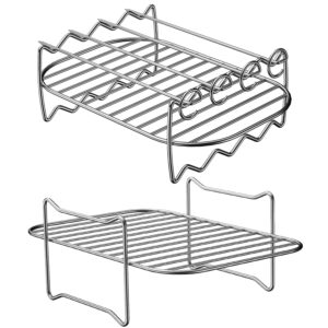 mftek air fryer rack set of 2 for dual basket, air fryer accessories dehydrator rack, multi-purpose double layer rack with skewer, compatible with double basket air fryers ninja foodi dz201/401