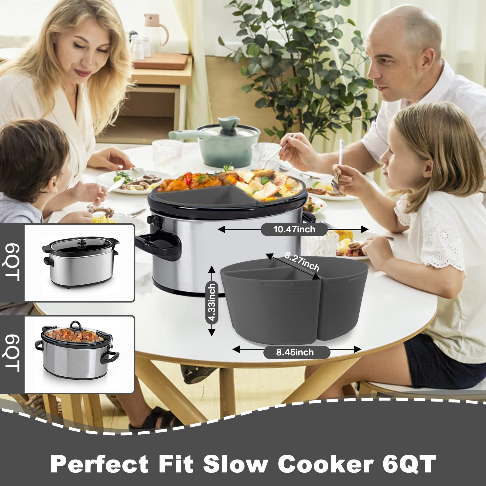 Driony Slow Cooker Divider Liner for 6 QT Crockpot, Reusable & Leakproof Silicone Crockpot Divider, Three compartrtments suitable for Slow Cookers Pot. Grey.