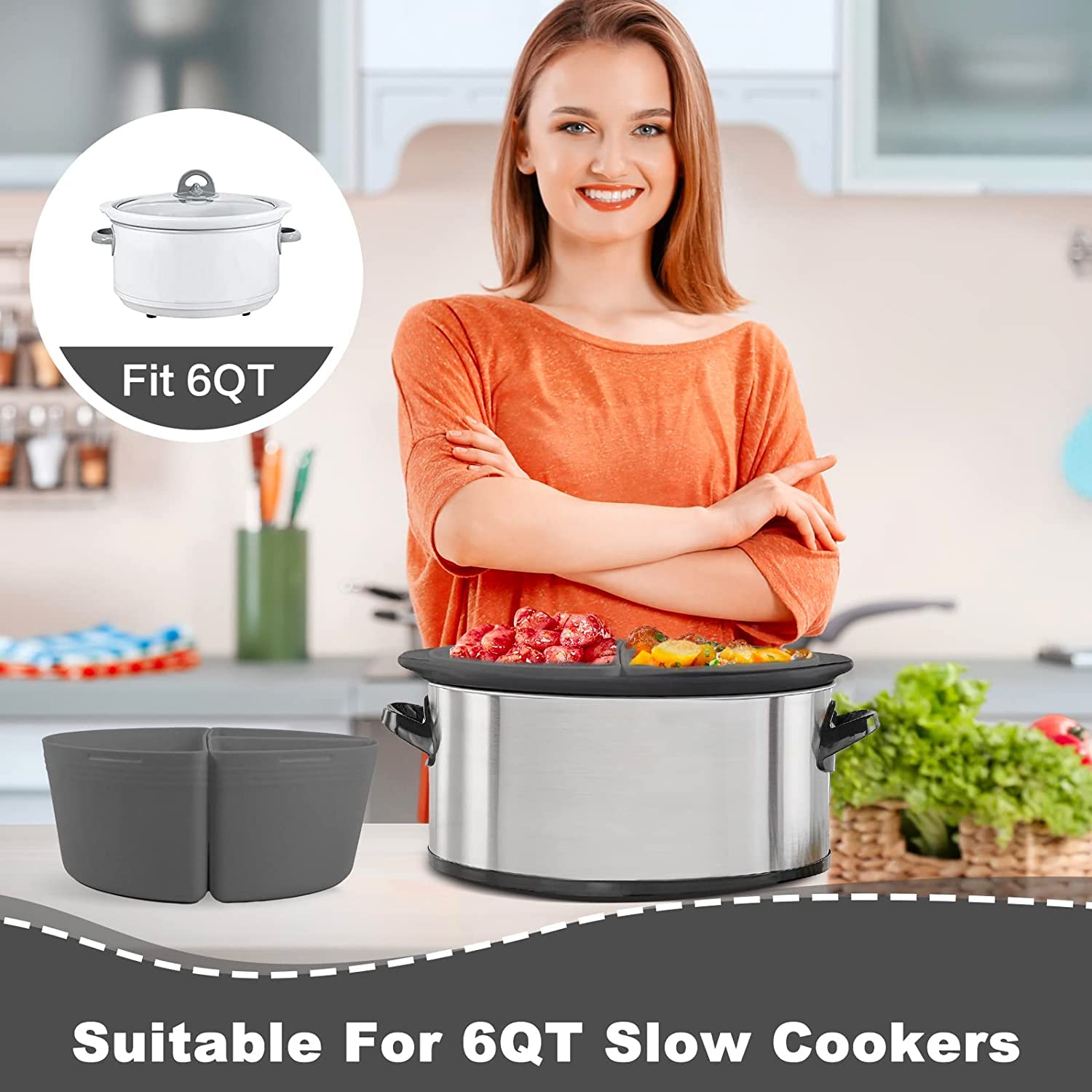 Driony Slow Cooker Divider Liner for 6 QT Crockpot, Reusable & Leakproof Silicone Crockpot Divider, Three compartrtments suitable for Slow Cookers Pot. Grey.