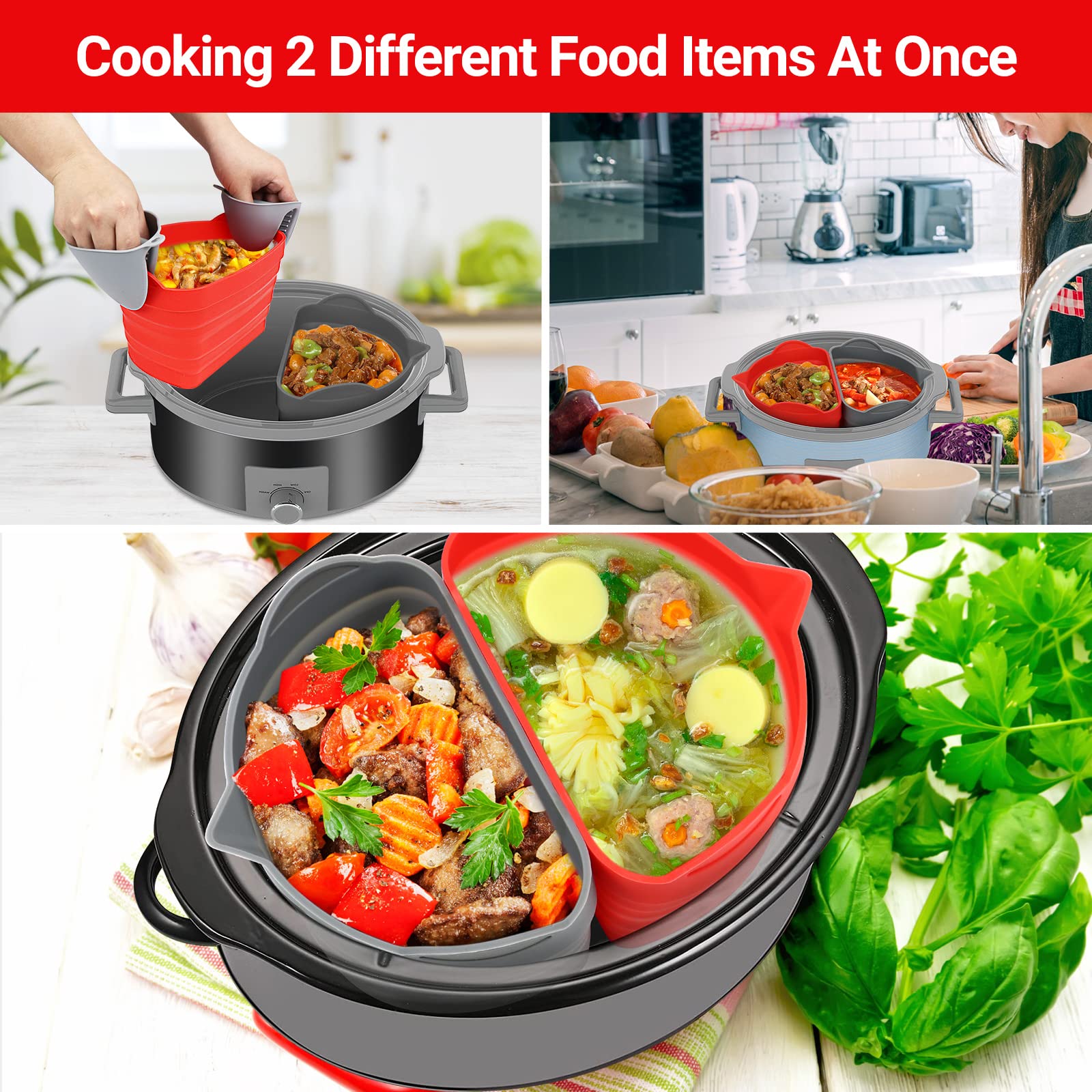 SelfTek Slow Cooker Divider, Divider Insert Silicone for Crockpot & Hamilton Beach 6-8 QT,2 Pack Food-Grade Reusable & Leakproof Divider Separator Liner,BPA Free Dishwasher Safe Cooking Liner