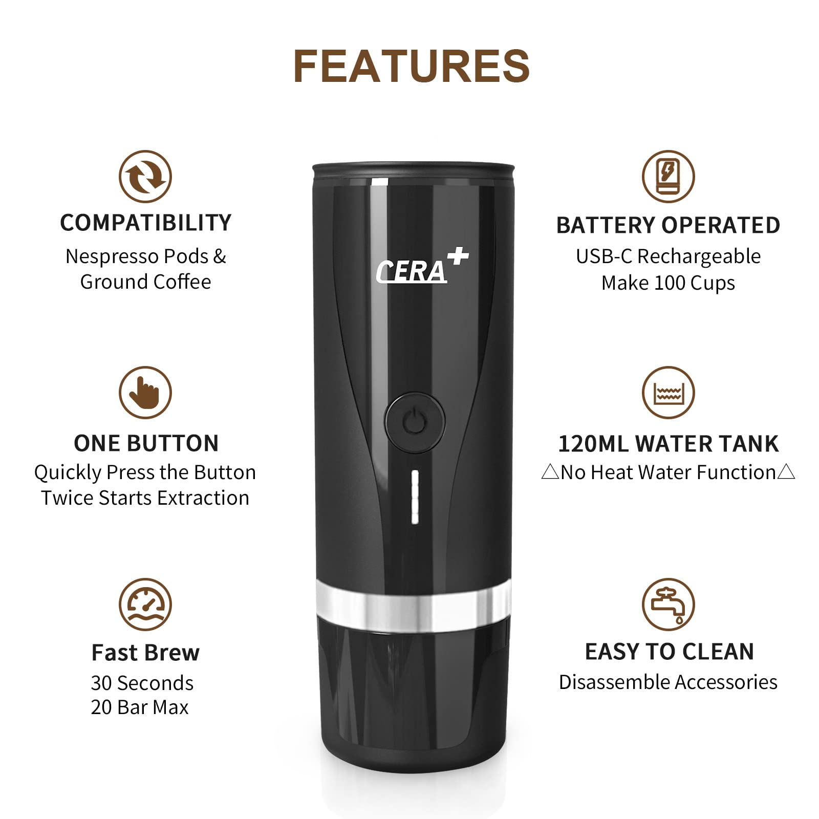 CERA+ Portable Espresso Maker Non-Heating Version Electric Coffee Machine Compatible Ground Coffee NS Pods Fast Brewing Espresso Machine for Office Travel (Electric Extraction Over 100 CUPS)