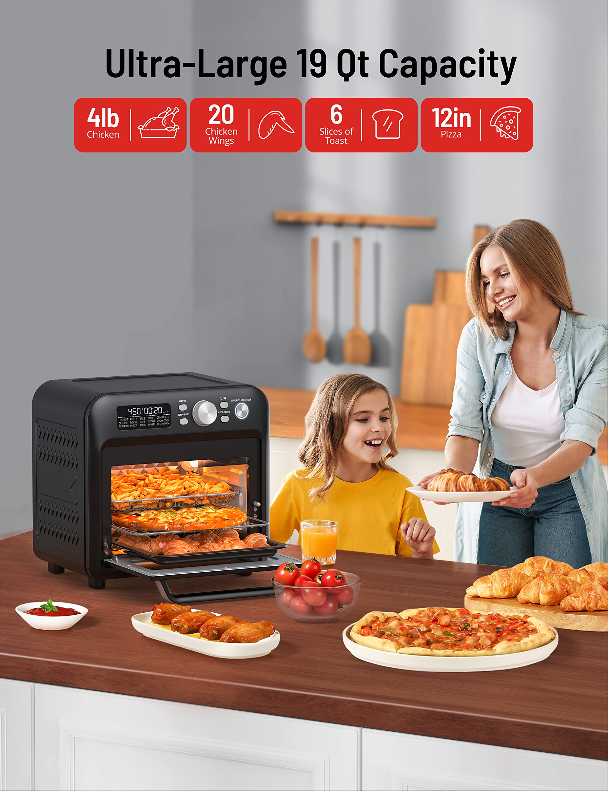 PARIS RHÔNE Air Fryer Oven 19QT, Family-Sized Toaster Oven, Convection Oven with Child Lock, Fits 12-inch Pizza, 6-Slice Toast, Button & Knob-Controlled Kitchen Appliance, Dishwasher Safe (19QT)