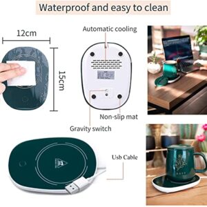 Coffee Mug Warmer with (Ceramic) Cup (USB Cable) & Cup Warmer Set for Desk with Gravity Sensing Auto Shut Off Heating Plate for Home Office Milk Tea Gift(Include Cup) HAYY (Green)