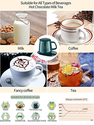 Coffee Mug Warmer with (Ceramic) Cup (USB Cable) & Cup Warmer Set for Desk with Gravity Sensing Auto Shut Off Heating Plate for Home Office Milk Tea Gift(Include Cup) HAYY (Green)