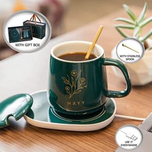 Coffee Mug Warmer with (Ceramic) Cup (USB Cable) & Cup Warmer Set for Desk with Gravity Sensing Auto Shut Off Heating Plate for Home Office Milk Tea Gift(Include Cup) HAYY (Green)