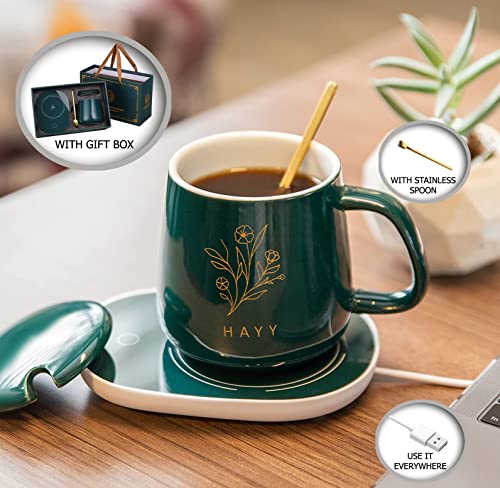 Coffee Mug Warmer with (Ceramic) Cup (USB Cable) & Cup Warmer Set for Desk with Gravity Sensing Auto Shut Off Heating Plate for Home Office Milk Tea Gift(Include Cup) HAYY (Green)