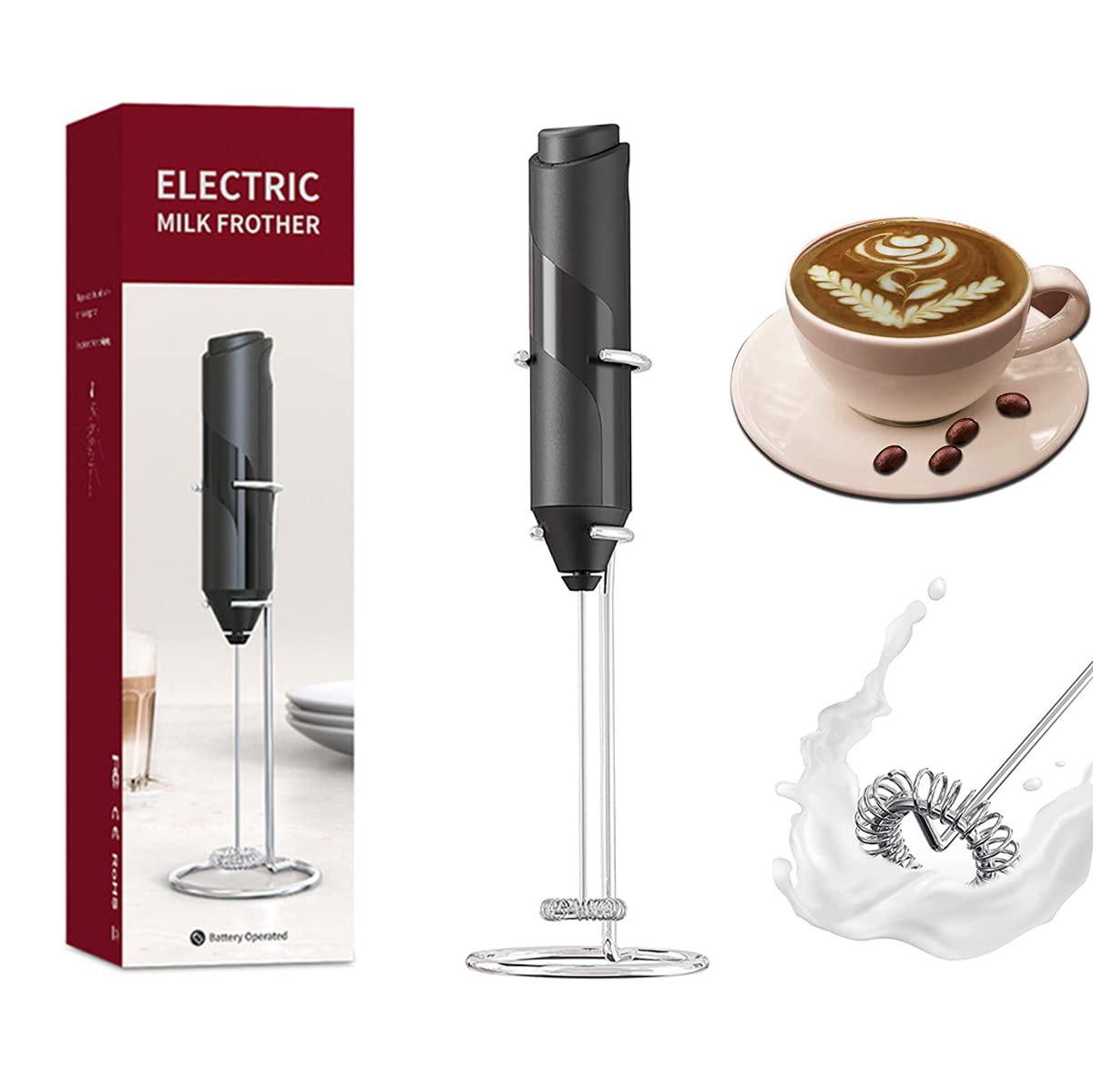 Electric Milk Frother Handheld with Stainless Steel Stand Battery Powered Foam Maker, for Coffee, Cappuccino, Latte, Matcha, Hot Chocolate, Mini Drink Mixer