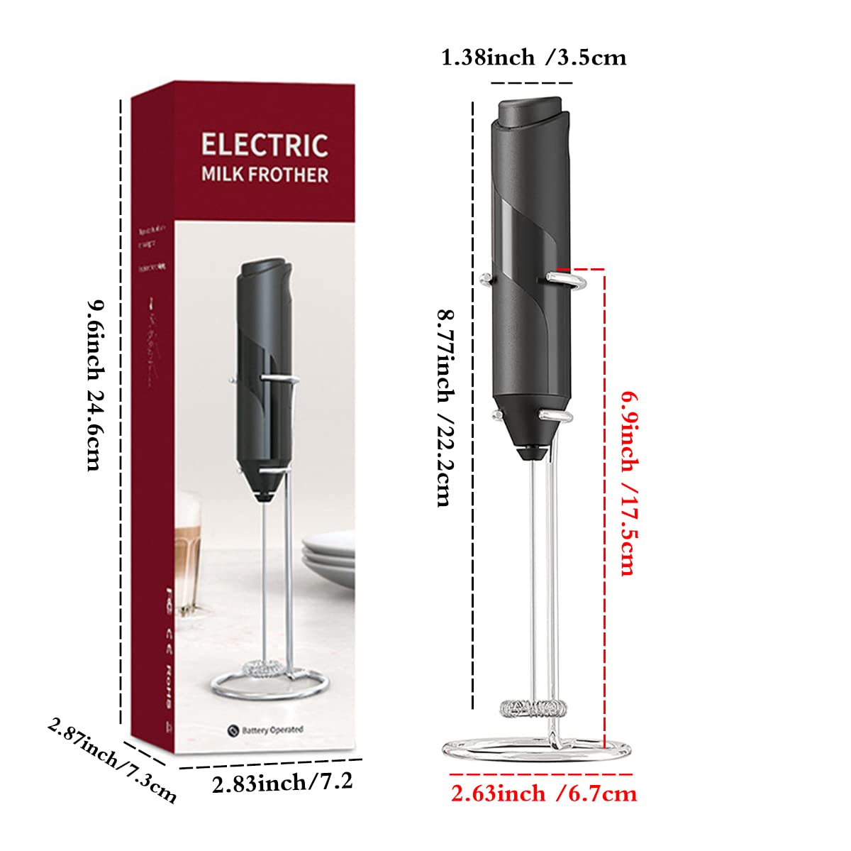 Electric Milk Frother Handheld with Stainless Steel Stand Battery Powered Foam Maker, for Coffee, Cappuccino, Latte, Matcha, Hot Chocolate, Mini Drink Mixer