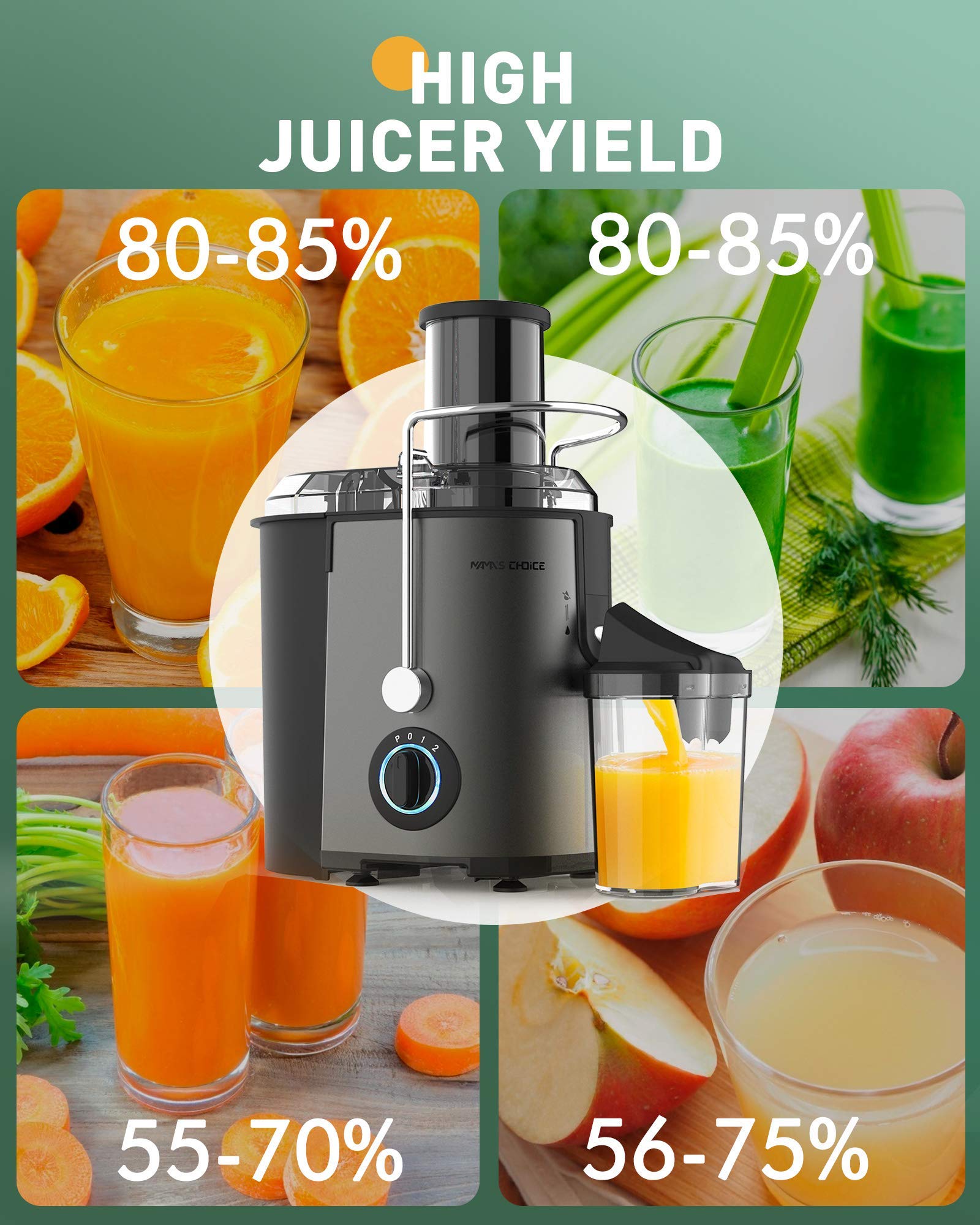 MAMA'S CHOICE Juicer Machine, 800W Juice Extractor with 3'' Big Mouth, 3 Speed Centrifugal Juicer for Whole Fruit Vegetable, Easy to Clean, Non-Slip Feet, BPA-Free