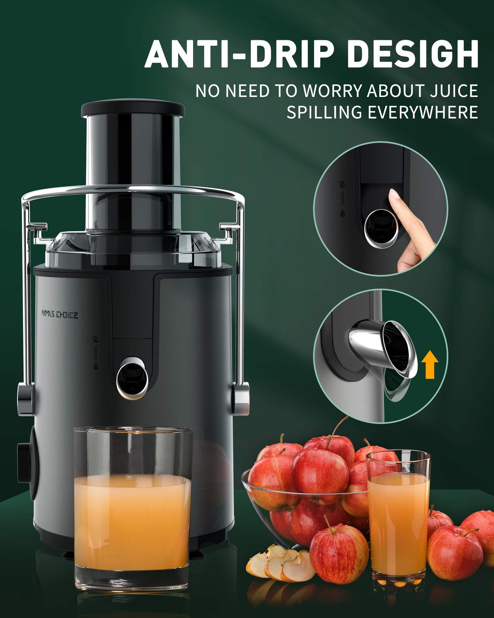 MAMA'S CHOICE Juicer Machine, 800W Juice Extractor with 3'' Big Mouth, 3 Speed Centrifugal Juicer for Whole Fruit Vegetable, Easy to Clean, Non-Slip Feet, BPA-Free