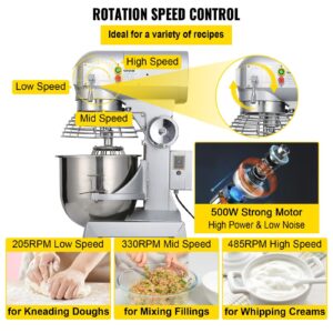 Happybuy 10Qt Commercial Food Mixer with Timing Function， Commercial Mixer 500W Stainless Steel Bowl Heavy Duty Electric Food Mixer Commercial with 3 Speeds Adjustable, Perfect for Bakery Pizzeria