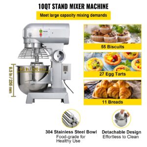 Happybuy 10Qt Commercial Food Mixer with Timing Function， Commercial Mixer 500W Stainless Steel Bowl Heavy Duty Electric Food Mixer Commercial with 3 Speeds Adjustable, Perfect for Bakery Pizzeria