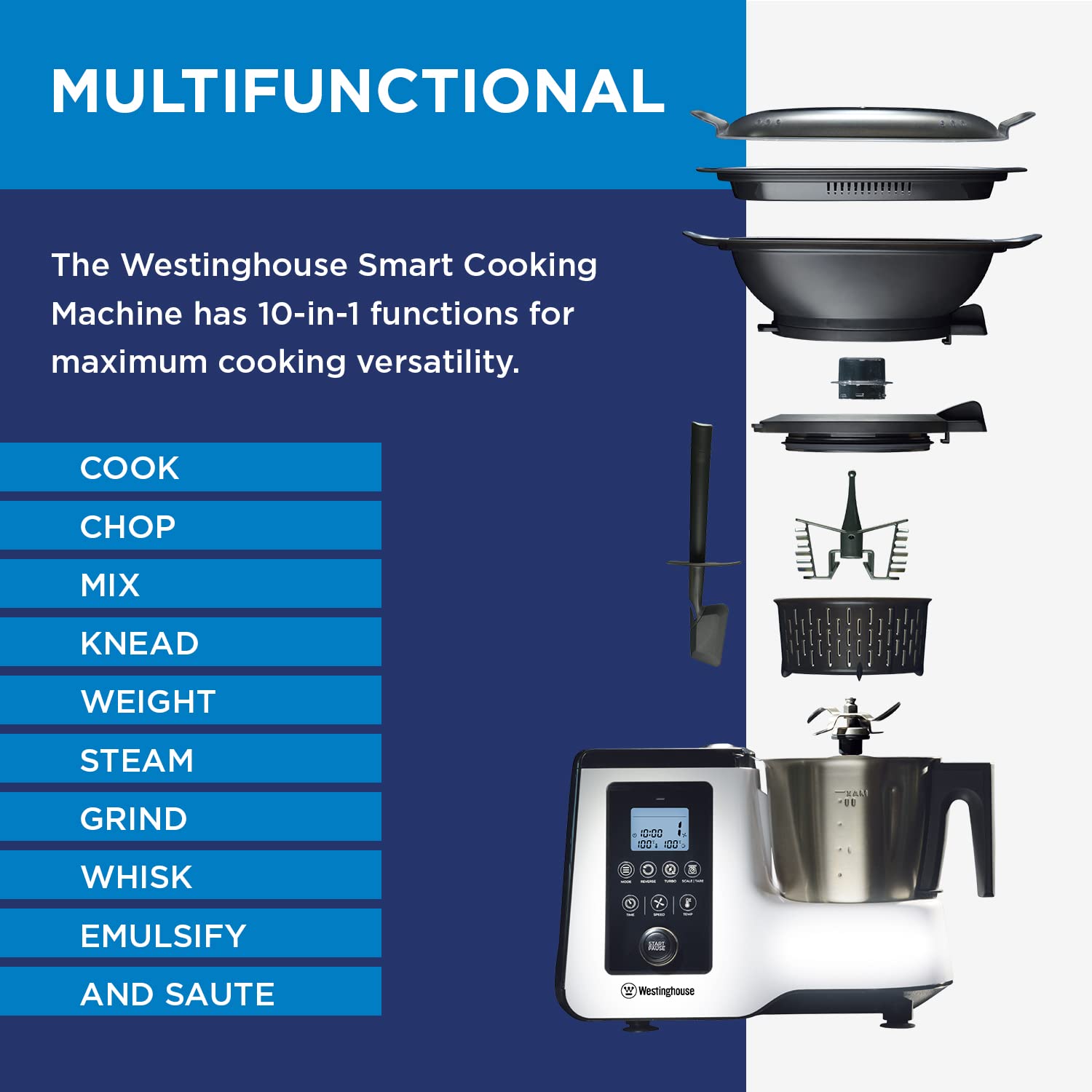 Westinghouse Smart Cooking Machine - 10-in-1 Functionality, Featuring 3 Preset Cooking Modes, LCD Display, Built-In Temperature Controls, and 3L Removable SS Mixing Bowl