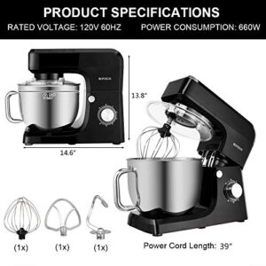 ROVSUN 7.5 Quart Stand Mixer, 660W 6-Speed Electric Tilt-Head Kitchen Food Mixer with Stainless Steel Bowl, Dough Hook, Beater, Whisk (Black)