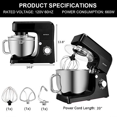 ROVSUN 7.5 Quart Stand Mixer, 660W 6-Speed Electric Tilt-Head Kitchen Food Mixer with Stainless Steel Bowl, Dough Hook, Beater, Whisk (Black)