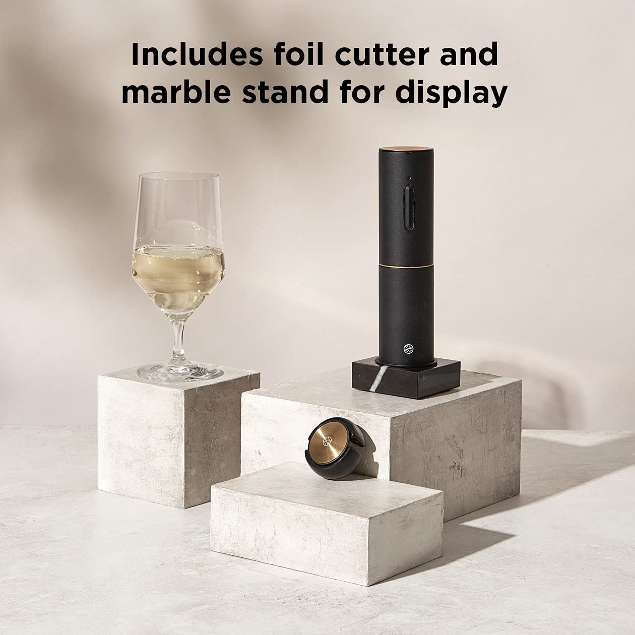 RBT Electric Corkscrew Wine Opener with Foil Cutter and Marble Charging Base, Black