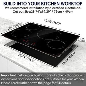 Induction Cooktop 30 Inch, Electric Cooktop 4 Burners, Drop-in Induction Cooker Ceramic Glass Induction Burner With Timer, Child Lock, 9 Heating Level and Sensor Touch Control, ETL & FCC Certified