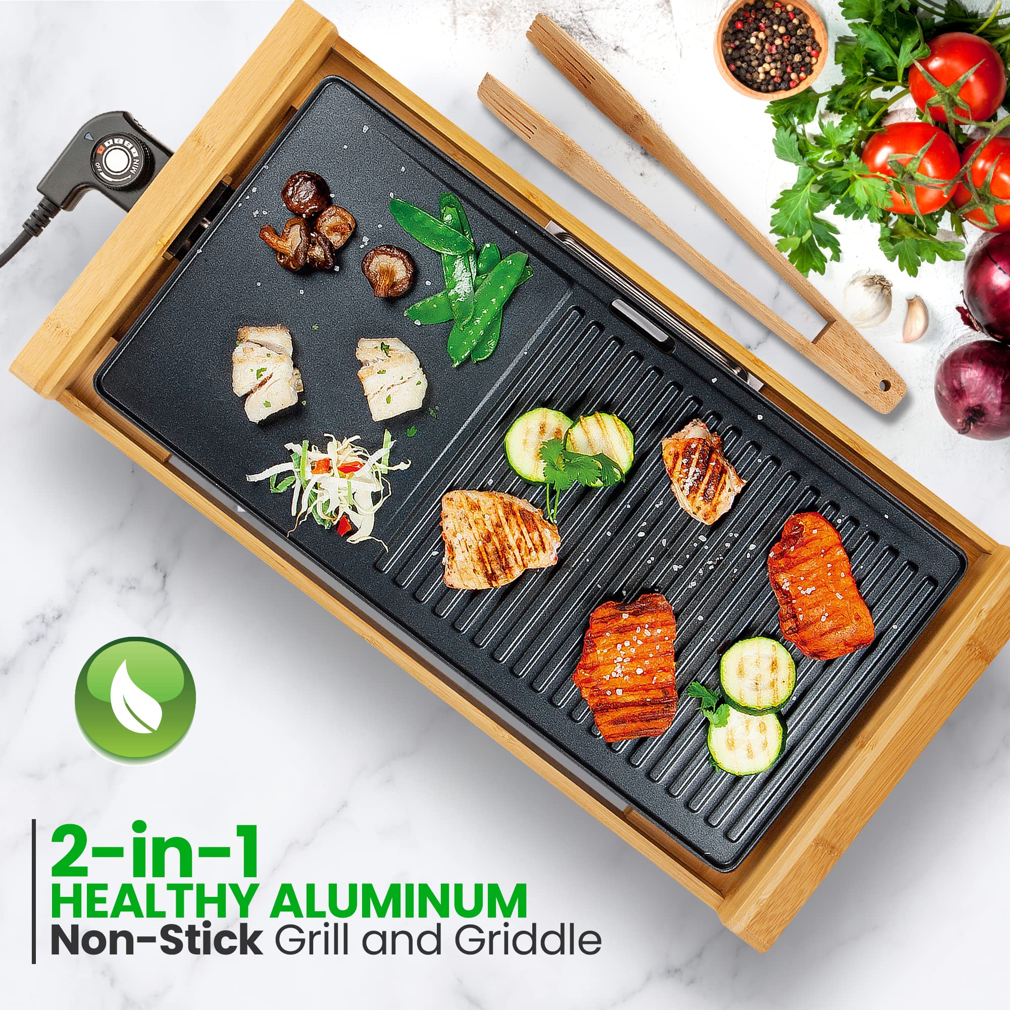 NutriChef Non-stick Plate, Removable Grill & Griddle Plate, Smokeless Electric Bamboo Grill, BBQ Grill with Temperature Control, Durable Quality, Ideal for Indoor BBQ