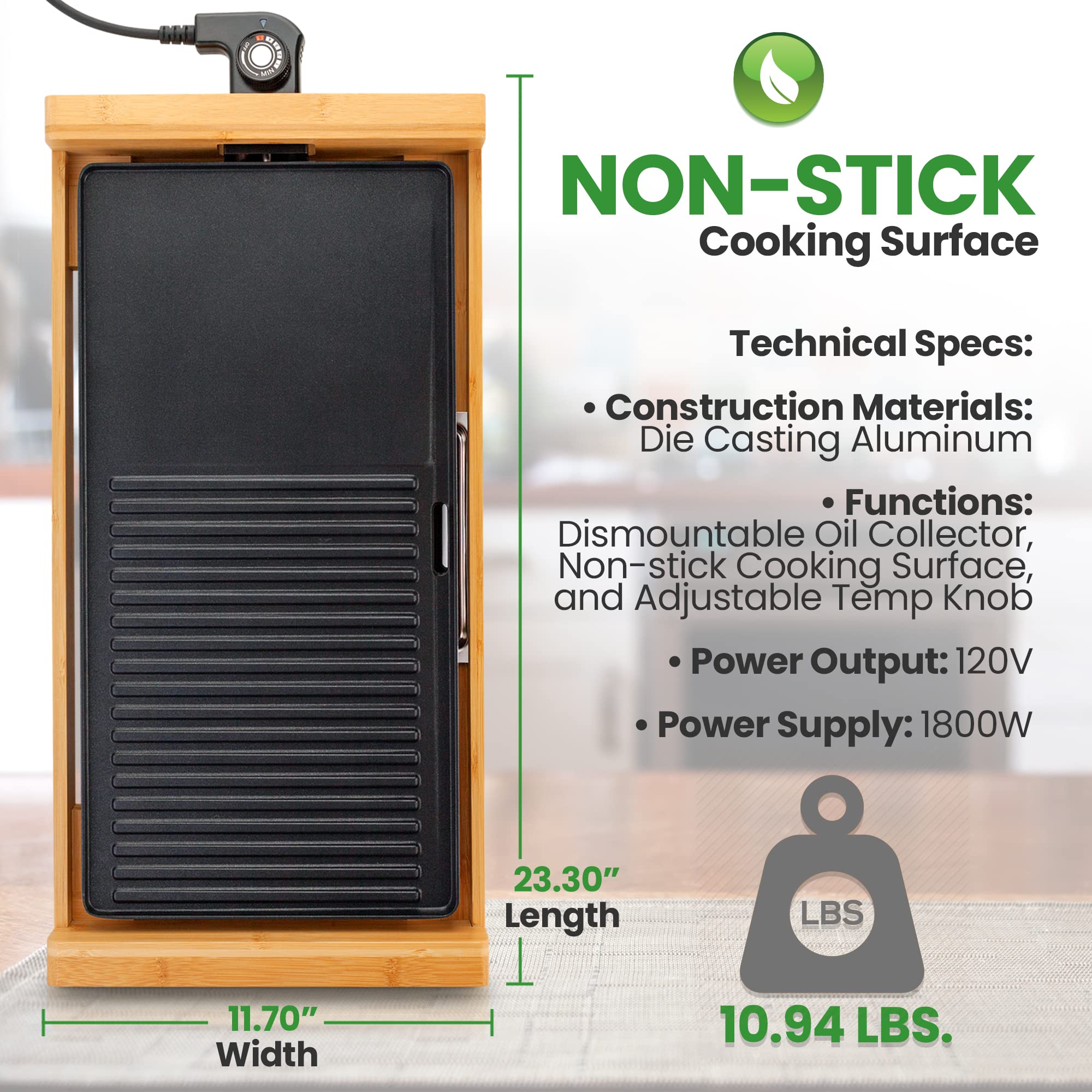 NutriChef Non-stick Plate, Removable Grill & Griddle Plate, Smokeless Electric Bamboo Grill, BBQ Grill with Temperature Control, Durable Quality, Ideal for Indoor BBQ