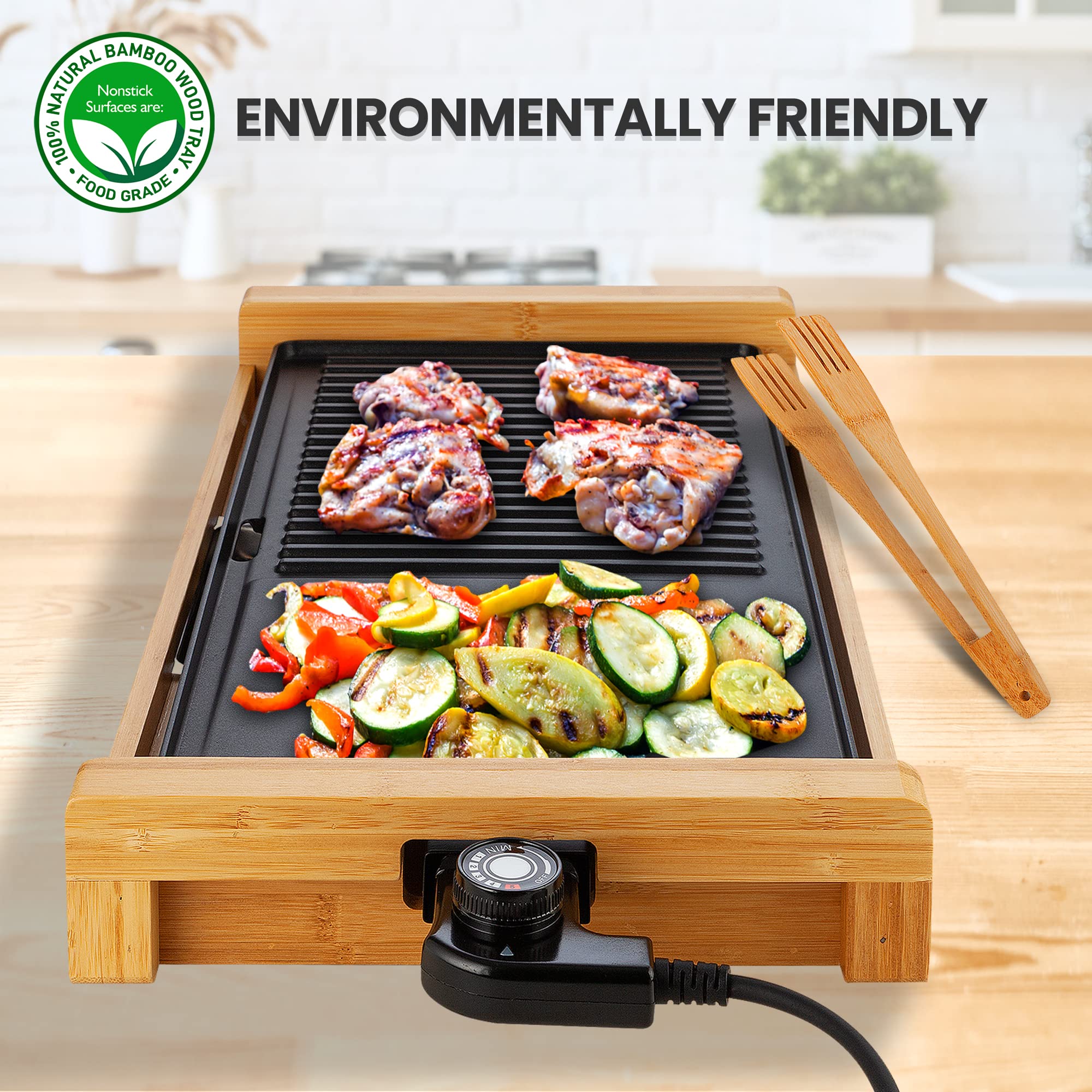 NutriChef Non-stick Plate, Removable Grill & Griddle Plate, Smokeless Electric Bamboo Grill, BBQ Grill with Temperature Control, Durable Quality, Ideal for Indoor BBQ