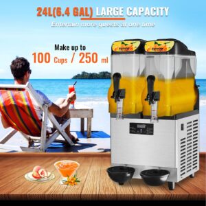 VEVOR Commercial Slushy Machine, 24L/6.4Gal Double Bowl, 100 Cup Margarita Machine, 640W Stainless Steel Margarita Smoothie Frozen Drink Maker, Slushie Machine for Party Cafe Restaurants Bars Home Use