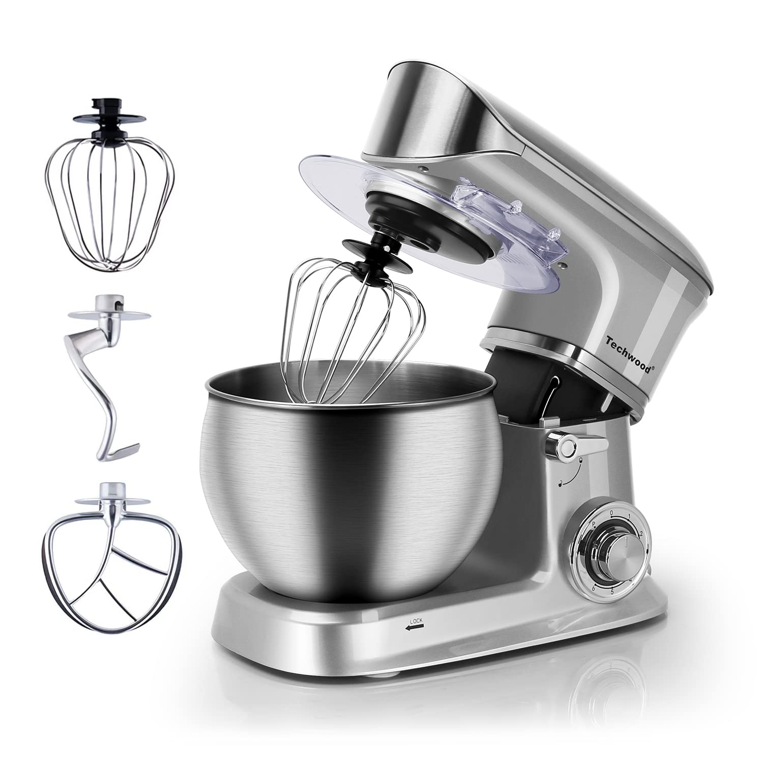 Stand Mixer, Techwood Electric Food Mixer, 6QT 400W 6-Speed Tilt-Head Kitchen Dough Mixer with Stainless Steel Bowl, Dough Hook, Wire Whip and Beater, Black