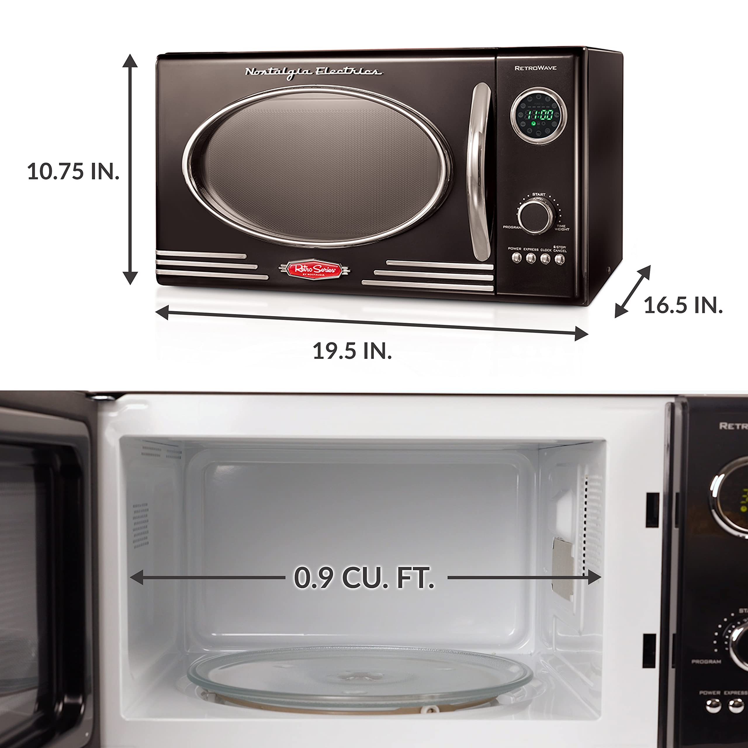 Nostalgia RMO4BK Retro 0.9 Cubic Foot 800-Watt Countertop Microwave Oven, 5 Power Levels and 12 Cook Settings, LED Display, Jet Black