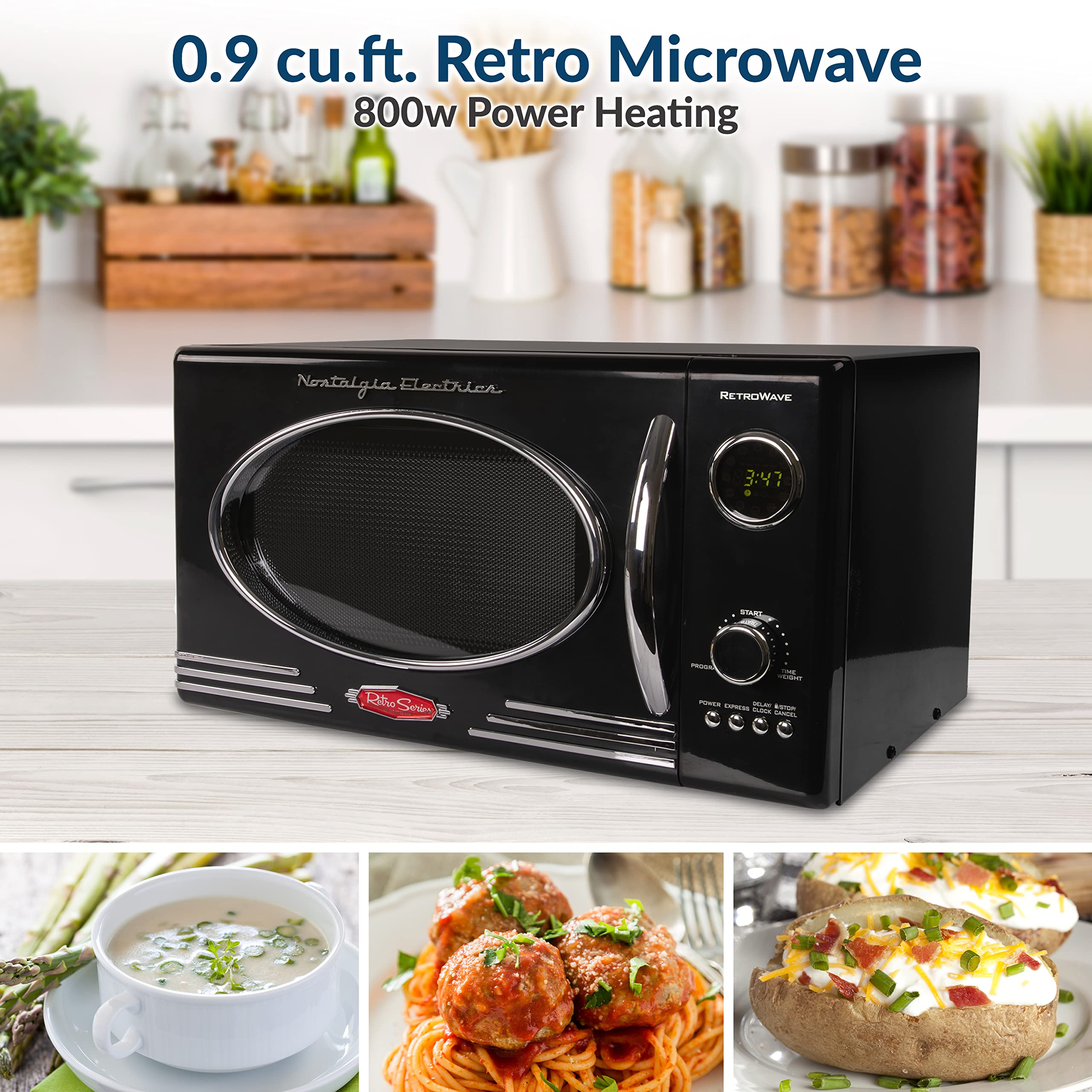 Nostalgia RMO4BK Retro 0.9 Cubic Foot 800-Watt Countertop Microwave Oven, 5 Power Levels and 12 Cook Settings, LED Display, Jet Black