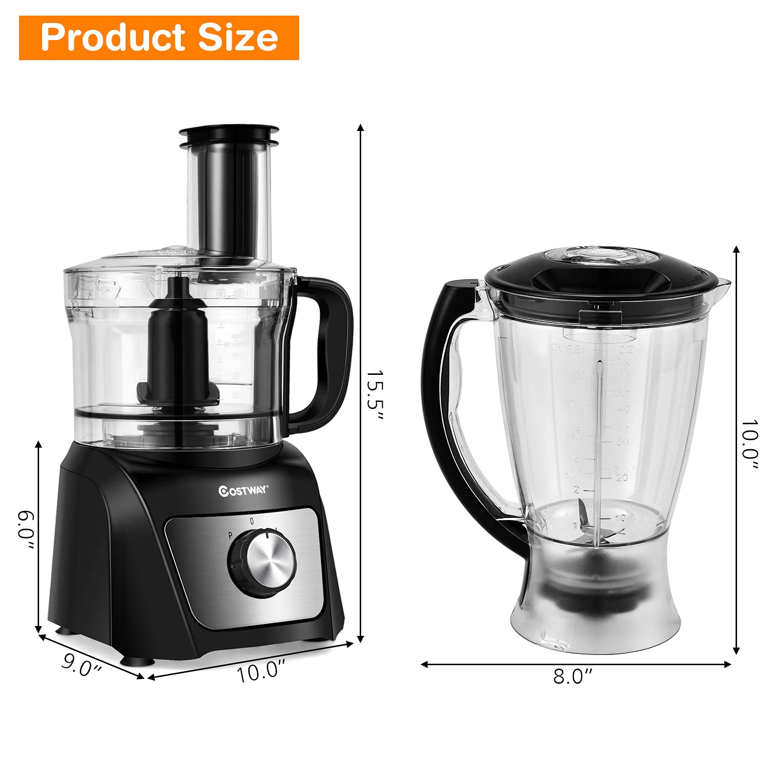 COSTWAY Food Processor & Blender, 500W Professional Food Chopper with 3 Blades, 3-Speed Adjustment, Dual Safety Lock Design, Large Capacity Bowls, for Crushing, Slicing, Shredding, Juicing