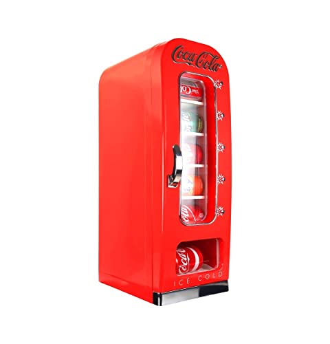 Coca-Cola Exclusive New Retro Vending Machine Style 10 Can Mini Fridge, 12V DC/110V AC with tall window display for home, dorm, office, games room