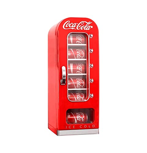 Coca-Cola Exclusive New Retro Vending Machine Style 10 Can Mini Fridge, 12V DC/110V AC with tall window display for home, dorm, office, games room