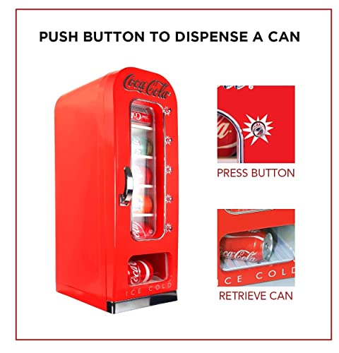 Coca-Cola Exclusive New Retro Vending Machine Style 10 Can Mini Fridge, 12V DC/110V AC with tall window display for home, dorm, office, games room