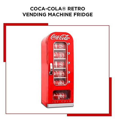 Coca-Cola Exclusive New Retro Vending Machine Style 10 Can Mini Fridge, 12V DC/110V AC with tall window display for home, dorm, office, games room