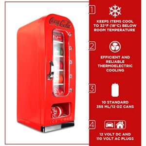 Coca-Cola Exclusive New Retro Vending Machine Style 10 Can Mini Fridge, 12V DC/110V AC with tall window display for home, dorm, office, games room