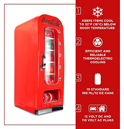 Coca-Cola Exclusive New Retro Vending Machine Style 10 Can Mini Fridge, 12V DC/110V AC with tall window display for home, dorm, office, games room