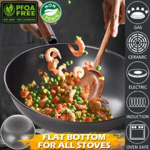 Clatine Carbon Steel Wok Pan, 13 Inch Wok and Stir-fry Pan, No Chemical Coated Wok Pan with Spatula, Nitrided Non-stick Chinese Wok Light Pan with Flat Bottom for Induction Electric Gas Stove