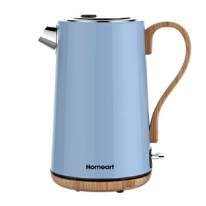 homeart panda cordless electric kettle with wood detail - stainless steel with removable filter, fast boiling and auto shut-off - 1.7l capacity, powder blue