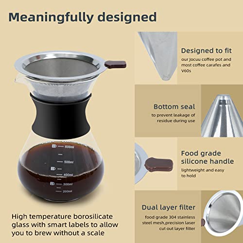 Jocuu Stainless Steel Pour Over Filter with Coffee Pot, 20 oz - Reusable & Eco-friendly Drip Coffee Maker for Home & Office, Heat & Leak Proof