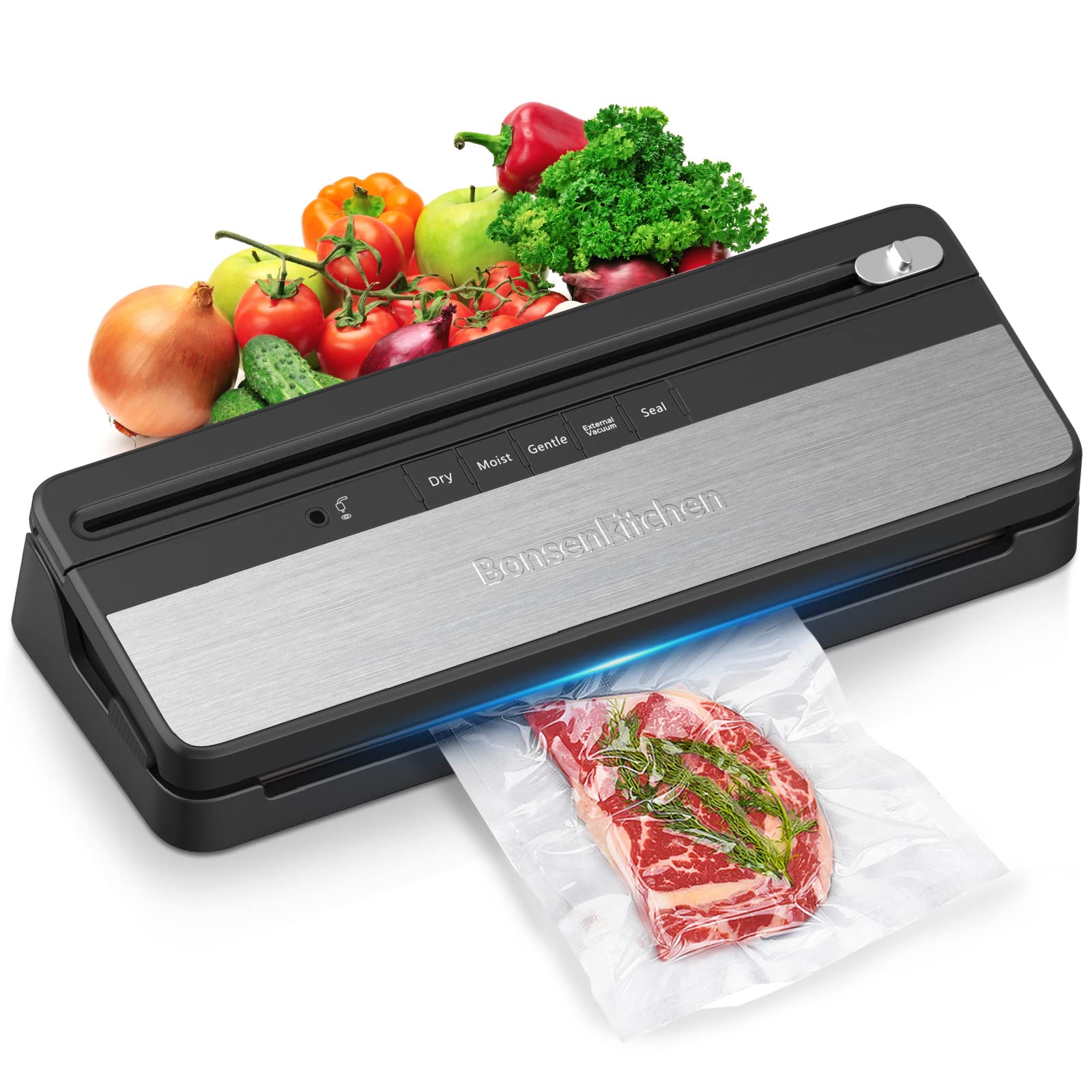 Bonsenkitchen Food Vacuum Sealer Machine, Built-in Cutter & Sealer Bags and Container Starter Kit, Dry&Moist Food Modes, Compact Design Air Sealing System Preservation For Food Storage